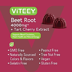 Beet Root Gummies 4000mg with Tart Cherry - for Healthy Blood Pressure Support - Vegan, Gelatin Free, Gluten Free - Tasty Chewable Berry Beet Flavored Gummy