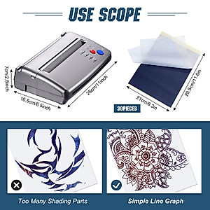 Tattoo Transfer Stencil Machine with 30 Pieces A4 Tattoo Transfer Paper Tattoo Printer Machine Thermal Stencil Paper Printer Mini Thermal Copier Printer for Tattoo Supplies (Silvery Grey)