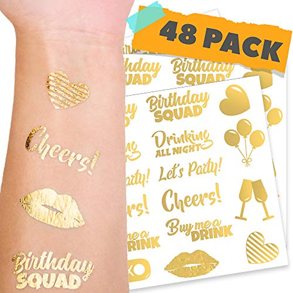CORRURE 48pcs Birthday Tattoos - Gold Temporary Tattoos Metallic for Women and Men - Happy Birthday Squad Tattoos for Girls, 18th 21st 25th 30th or Any Adult Bday - 11 Flash Party Tattoos