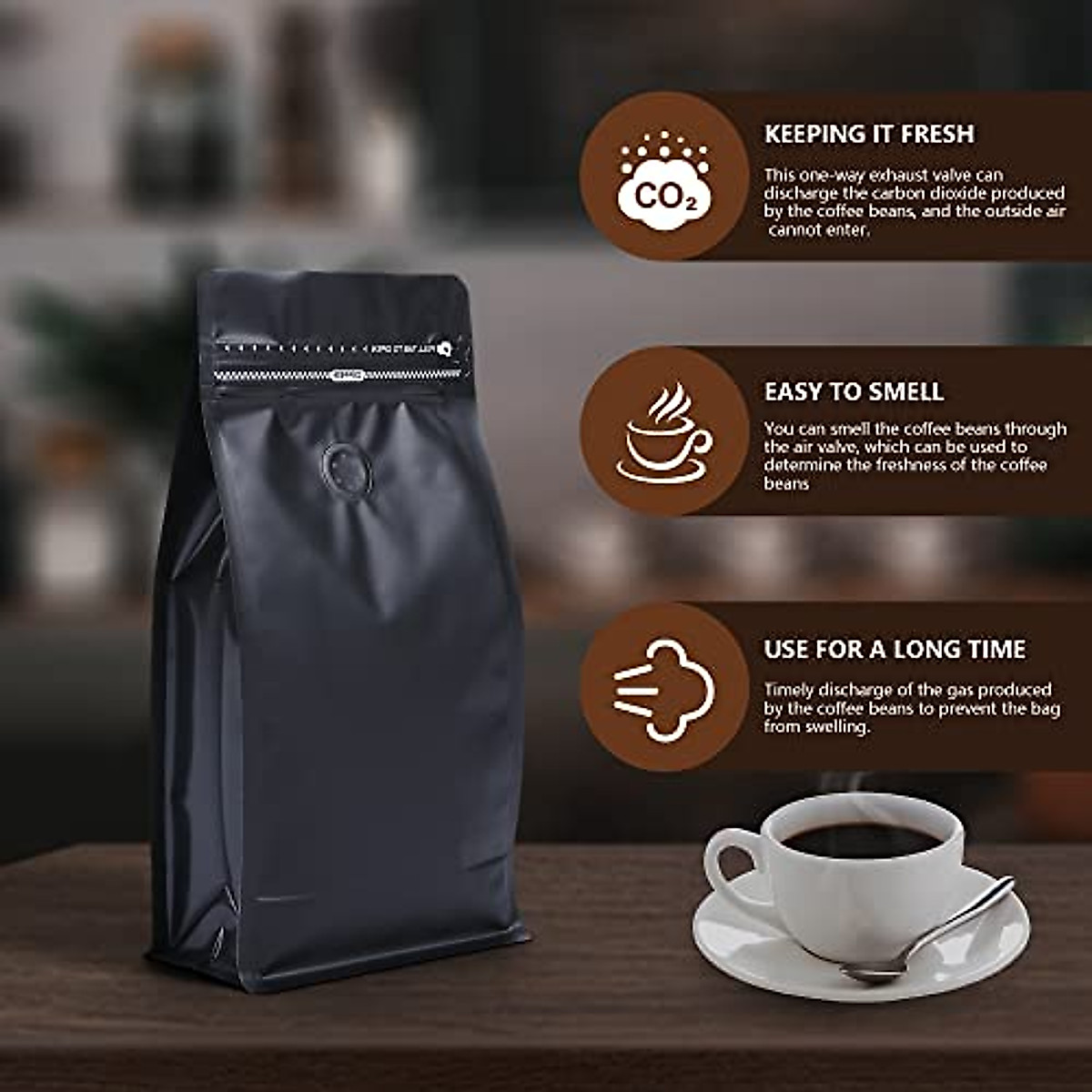 Coffee Bags with Valve - 50 Count Resealable Flat Bottom Pouch - 8 Ounce Vented Coffee Packages Bags with Zipper by Absorated