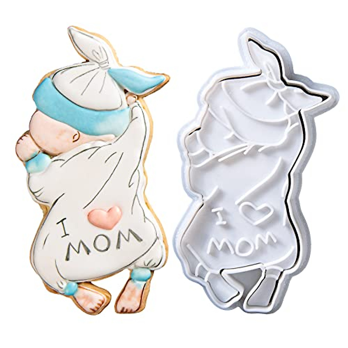 Flycalf Baby Cookie Cutter with Plunger Stamps Love Mom Baby Shower Biscuit Cutter Baking Kitchen Cake Decor Plastic 3.5" Cutter Molds Gifts for Kids Party Supplies