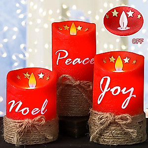 FLAVCHARM Holiday Flameless Candles, Peace Joy Noel with Rope Red LED Flickering Candles Battery Operated with Remote Control, Christmas Decoration for Home, Tablecenter, Bedroom, Bar Party
