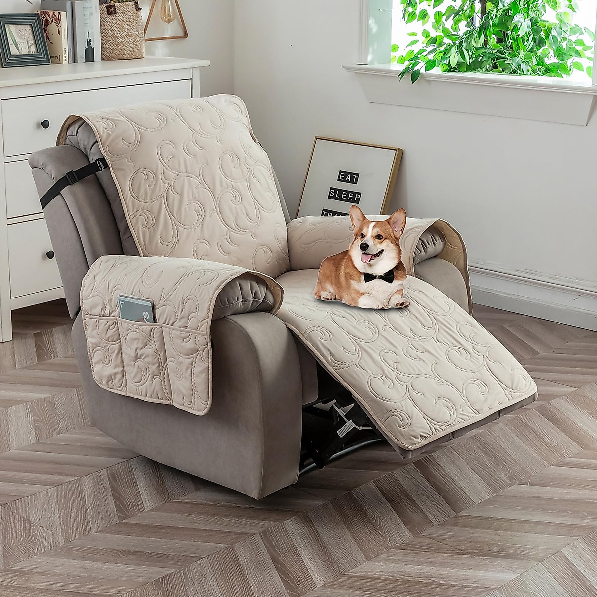 100% Waterproof Recliner Chair Cover, Recliner Chair Covers for Reclining Chair, Non-Slip Fabric Recliner Couch Cover for Living Room, for Pets Kids Protector, Washable (Beige, 23"Recliner Chair)