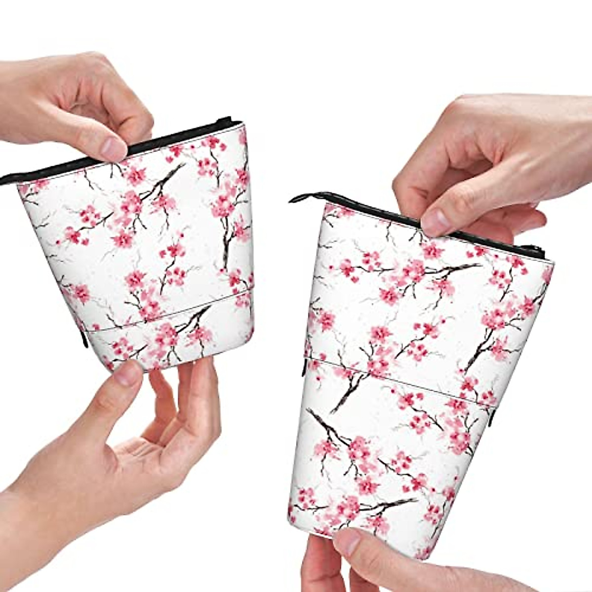 Arasrsey Pen Holder Pencil Telescopic Case Box, Cherry Blossom Spring Flowers, Stand up Pencil Bag with Zipper for School Office
