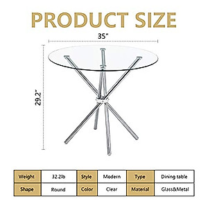 SICOTAS Glass Dining Table Round Kitchen Table with 4 Silver Chrome Legs,Modern Circle Dining Room Tables for 2 or 4,Small Dinner Table for Kitchen,Apartment, Small Spaces,35.4D x 29.5H,Clear