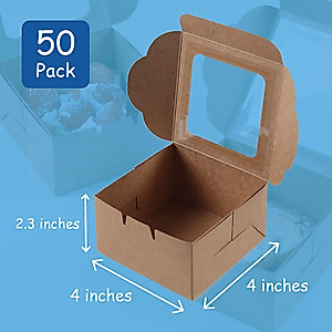 Bubbley Kraft Paper Bakery Boxes - 50-Pack Single Pastry Box 4-Inch, Packaging with Clear Display Window, Donut, Mini Cake, Pie Slice, Dessert Disposable Take-Out Container, Brown, 4 x 2.3 x 4 Inches
