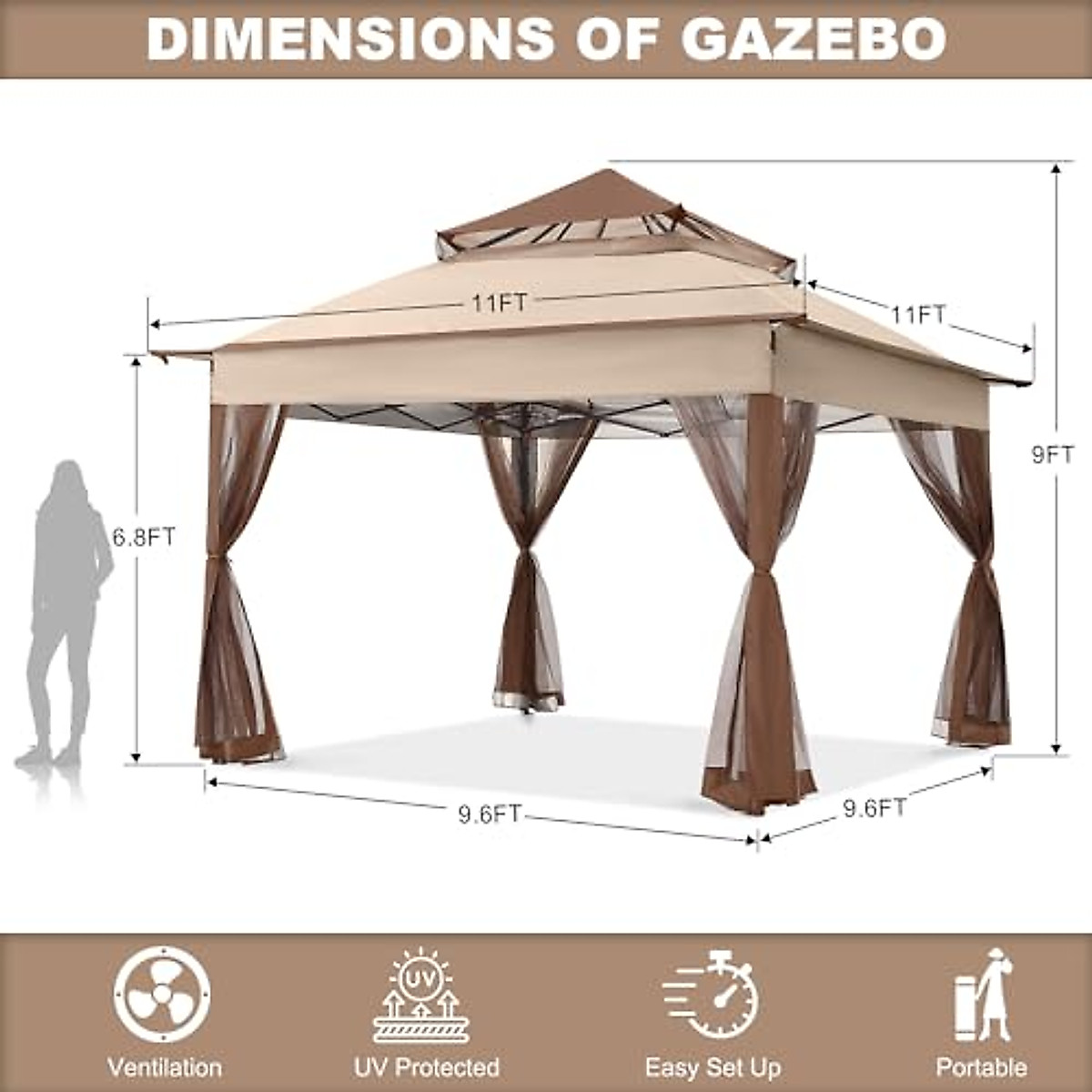ABCCANOPY Pop Up Gazebo 11x11 - Outdoor Canopy Tent with Mosquito Netting for Patio Garden Backyard (Beige)