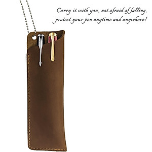 XQIGI Genuine Leather Pen Case Holder, Handmade Double Pen Case Fountain, Pencils Protective Sleeve Large Pens Pouch Cover (Bourbon Brown)