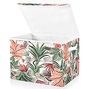 Kigai Palm Flower Storage Basket 16.5x12.6x11.8 In Collapsible Fabric Storage Cubes Organizer Large Storage Bin with Lids and Handles for Shelves Bedroom Closet Office