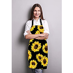 Lefolen Sunflowers Black Tropical Flower Daisy Adjustable Bib Apron, Cute Floral Sunflower Cooking Kitchen Apron for Men Women