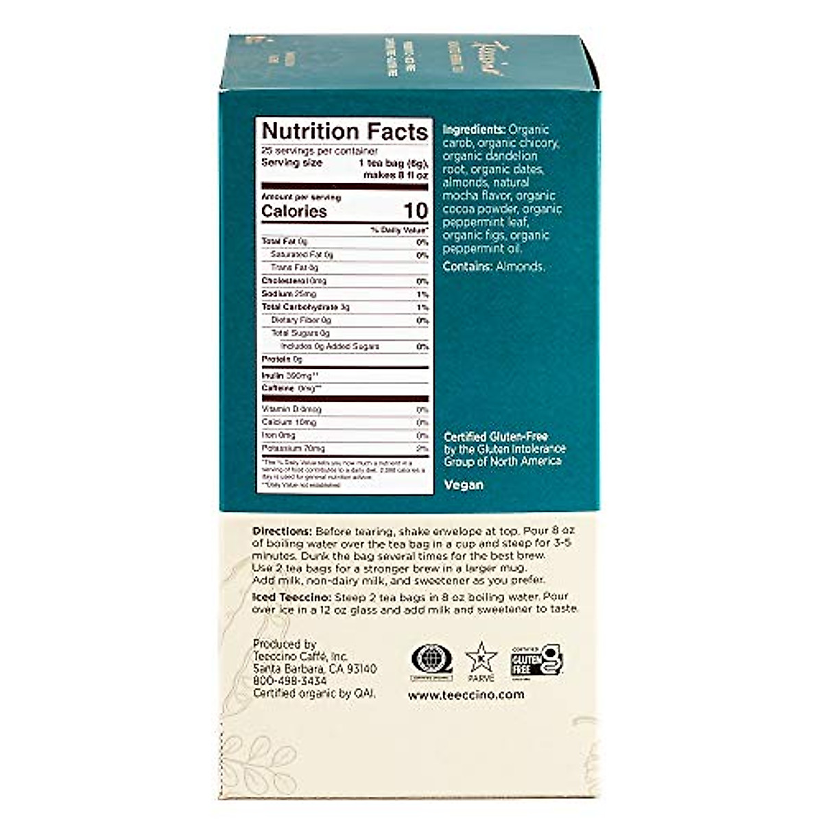 Teeccino Dandelion Mocha Mint Tea - Caffeine Free, Roasted Herbal Tea with Prebiotics, 3x More Herbs than Regular Tea Bags, Gluten Free - 25 Tea Bags