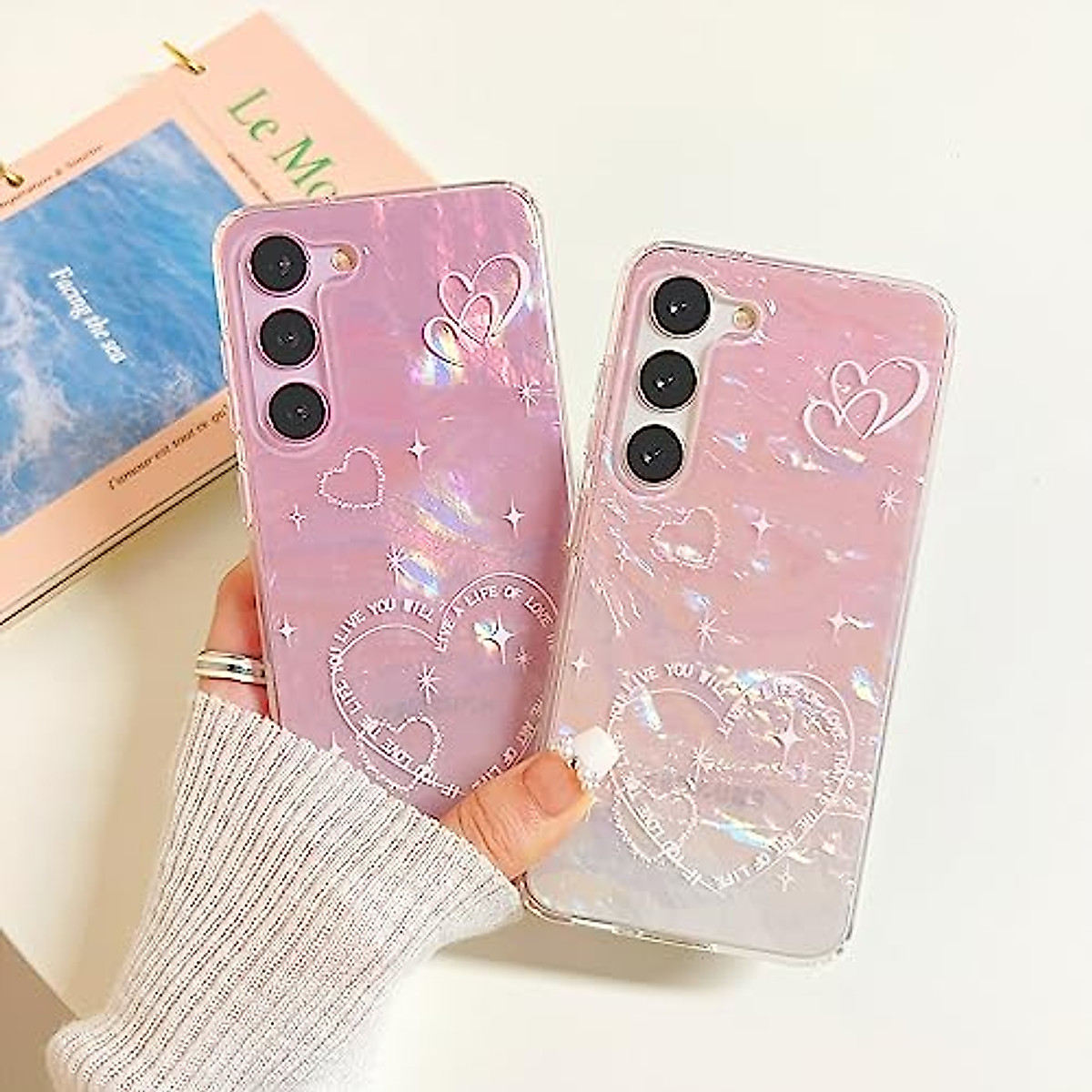 YeLoveHaw for Samsung Galaxy S23 Phone Case for Women Girls, Glitter Pink Purple Colorful Pearly-Lustre Shell, Cute Heart-Shaped Pattern, Slim Protective Cover for Samsung S23 6.1 (White Hearts)