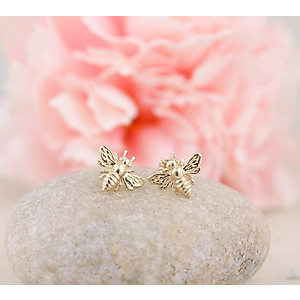 Solid 14k Gold 3D Tiny Golden Bee Earrings, Studs, Endless Hoop, French Hooks Styles (Studs, Yellow Gold)