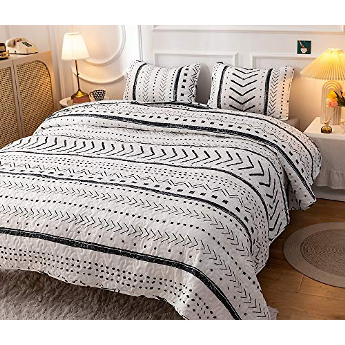 JANZAA Boho Bedding Bedspreads Queen Size,3 PCS Bohemian Quilt Set with Geometric Printed for All Season(Two Pillow Cases)