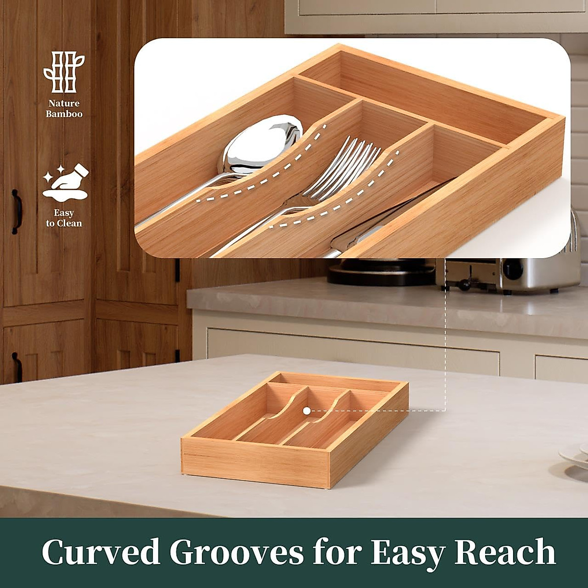 Small Silverware Organizer, Bamboo Kitchen Drawer Organizer, Utensil Holder, Cutlery Tray & Spoon Flatware Storage with Grooved Drawer Dividers