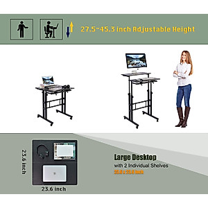 AIZ Mobile Standing Desk, Adjustable Computer Desk Rolling Laptop Cart on Wheels Home Office Computer Workstation, Portable Laptop Stand for Small Spaces Tall Table for Standing or Sitting, Black