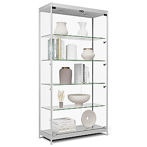 Displays2go Retail Display Cabinets with Glass Shelving, LED Light, MDF Laminate & Aluminum – Silver (LESC10478S)