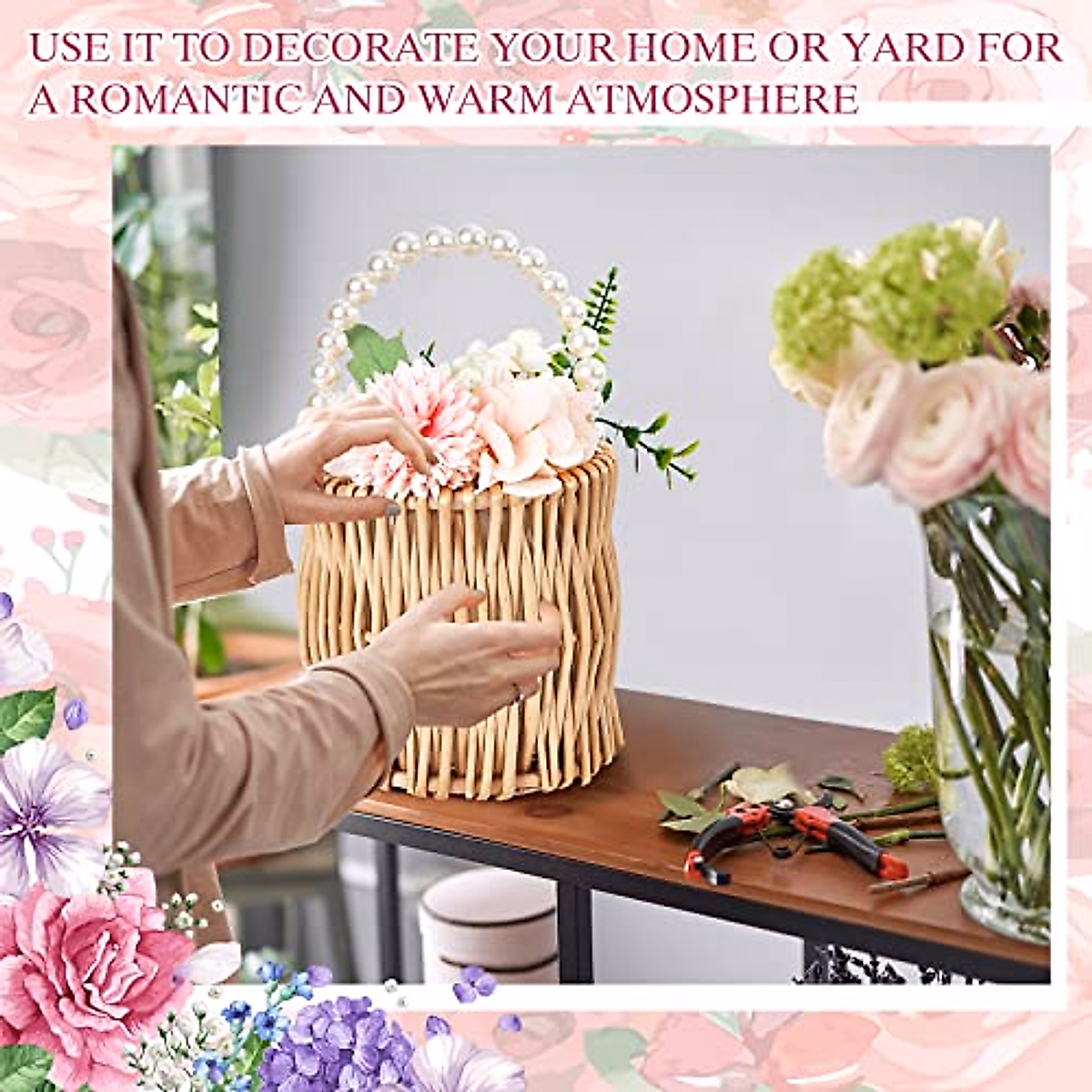 Set of 2 Wicker Wedding Flower Girl Baskets Pearl Wicker Rattan Flower Basket Handwoven Easter Basket Wicker Basket with Handle Straw Beach Bags Purse Wicker Tote for Candy Garden Home, 5.9 x 5.5 Inch