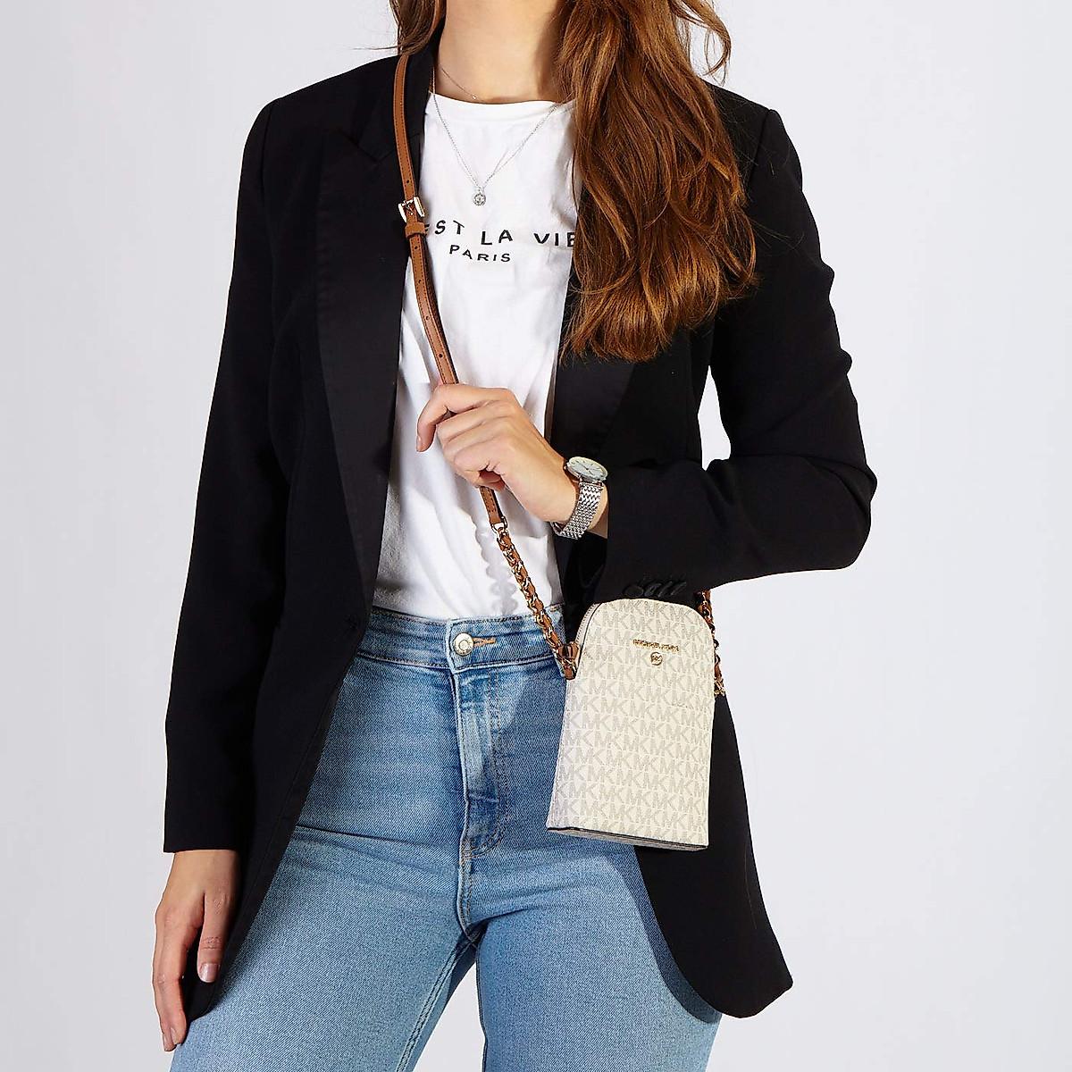 Michael Kors Jet Set Charm Small North/South Chain Phone Crossbody Vanilla/Acorn One Size