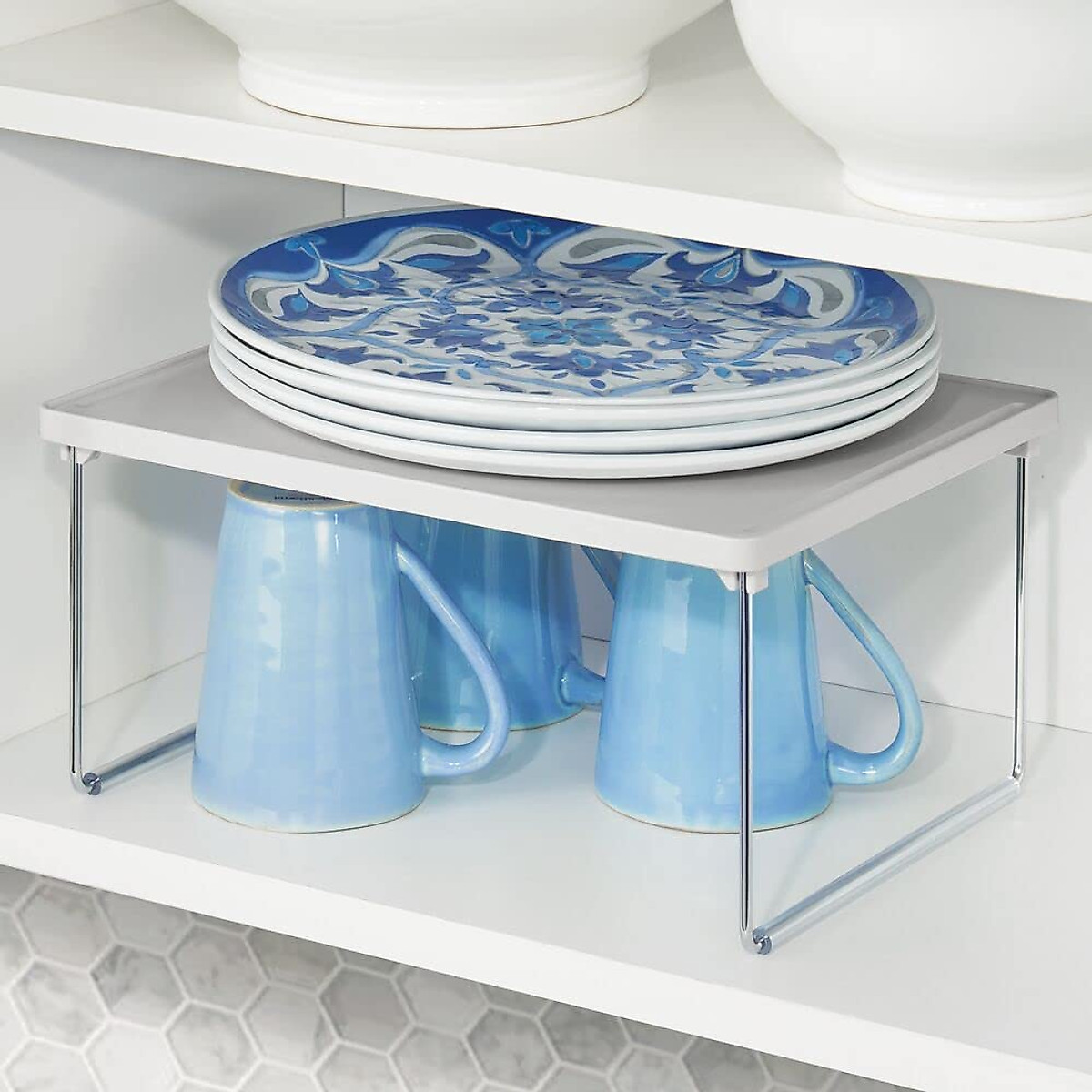 mDesign Metal Stacking Storage Organization for Shelves Inside Cabinets in Kitchen, Pantry, Cupboard, or Fridge/Freezer - Organizer Stand for Food, Plates, Bowls, Mugs, Ligne Collection - Stone Gray