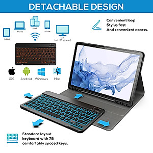 typecase Keyboard Case for Samsung Tab S8/Tab S7 11 inch (SM-X700/X706/T870/T875/T878), Slim Leather Folio Stand Cover, 7 Colors Backlit Wireless Detachable Keyboard with S Pen Holder (Black)