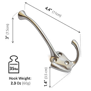 Ambipolar 5 Pack TriLeg Hook, Heavy Duty Big Triple Leg/Double Coat Hooks Base. Entryway Coat Hooks, Scarf and Jacket Hangers.Perfect Bath Towel Heavy Hooks (5 Pack, Satin Nickel)