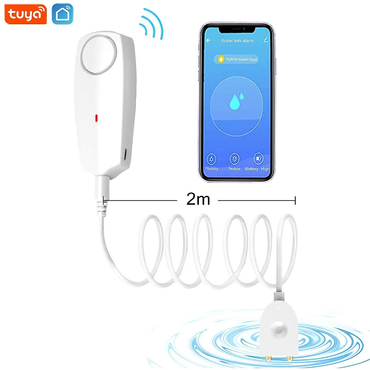 Water Alarm Sensor with 80dB Loud Sound WiFi Leak Detector, Overflow Leak Alarm, Remote Monitoring leaker for Water Heater Basement Sewage Pump, TUYA/Smart Life APP Notification