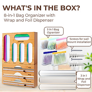 PANDAWOOD 8 IN 1 Storage Bag Organizer for Kitchen Drawer - Bamboo Plastic Bag Organizer - Foil Plastic Wrap Organizer Dispenser with Cutter - Baggie Organizer for Drawer - Sandwich Bag Organizer