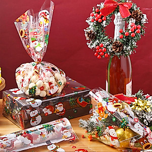 Christmas Cellophane Wrapping Paper 100 ft x 16 Inch 2.5 Mil Thick Cello Wrap Roll Crystal Clear Xmas Tree Santa Paper Wrapper Snowman Cellophane Gift Wrap for Treat Small Basket Craft Holiday