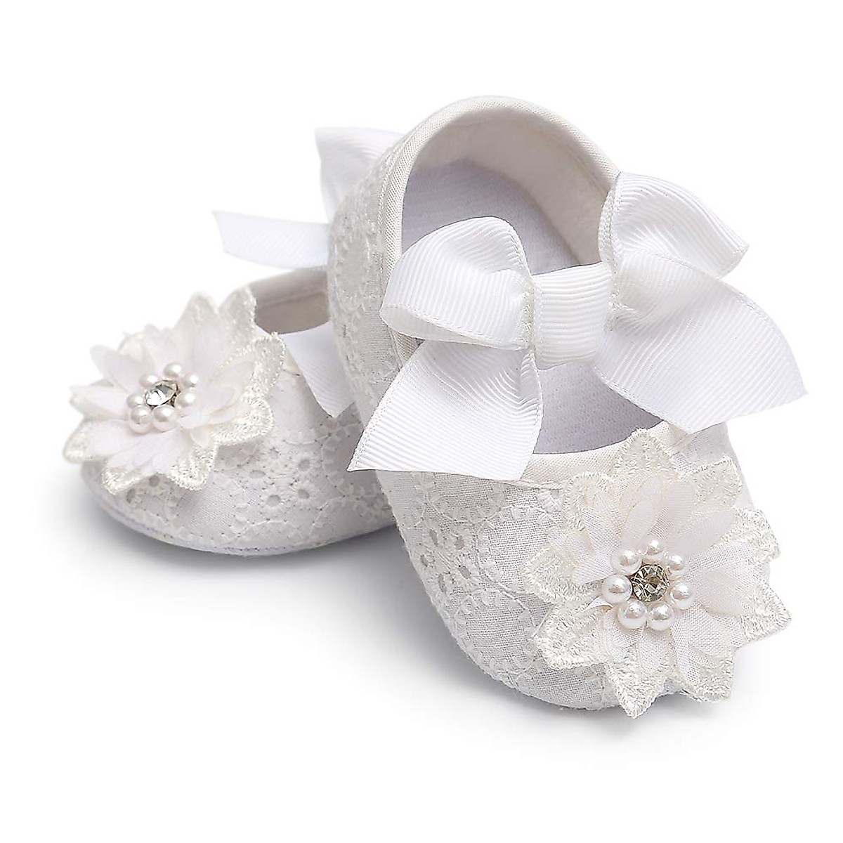 Baby Girl White Shoes Mary Jane Flats Soft Sole Bowknot Floral Princess Christening Baptism Wedding Dress Shoes for Newborns, Infants, Babies 0-6 Months