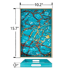 MAONAME Blue Decorative Tray, Plastic Serving Tray with Handles, Coffee Table Tray with Tempered Glass Film, Rectangle Ottoman Tray for Living Room, Bathroom, 15.7” x 10.2”