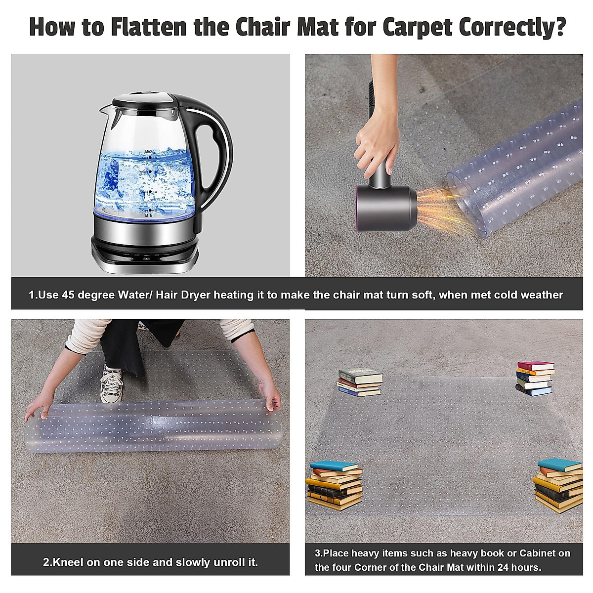 HOMEK Chair Mat for Carpeted Floors, 30” x 48” Transparent Thick Office Floor Mats for Low Pile Carpet Floors