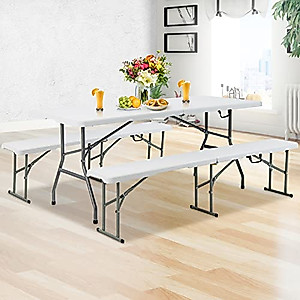 Goplus 6 Feet Plastic Folding Bench, Set of 2 Portable Foldable Bench Seat with 550 lbs Capacity for Indoor Outdoor Picnic Party Camping Dining, Off-White, No Assembly Required