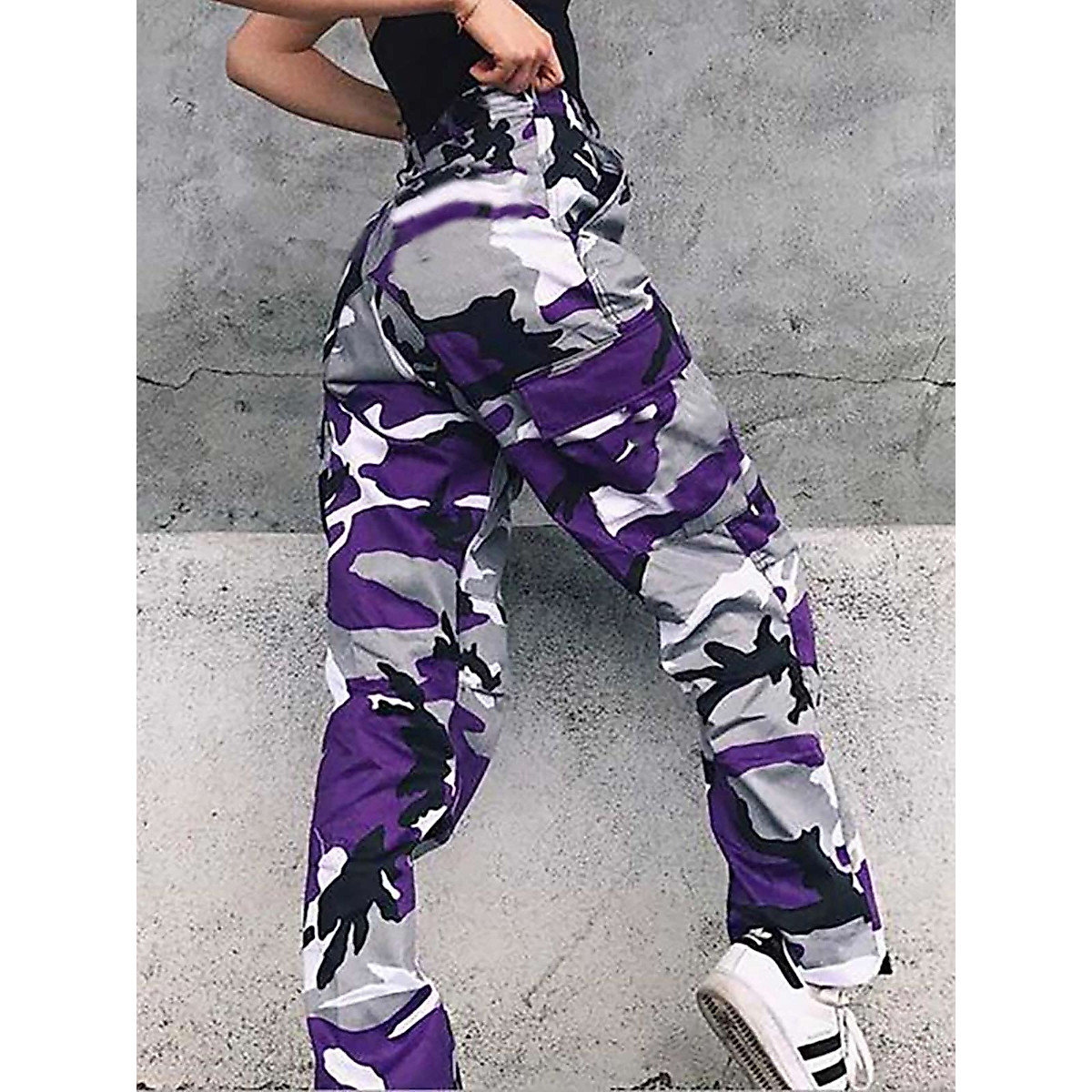 ZODLLS Women's Camo Pants Cargo Trousers Cool Camouflage Pants Elastic Waist Casual Jogger Pants with Pocket Purple Camo-M