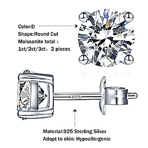 YODEWA Moissanite Stud Earrings for Women 925 Sterling Silver Hypoallergenic Flat Back 1 Pair DEF Color Lab Created Brilliant Round Moissanite Diamond Earrings (Silver 1CT)