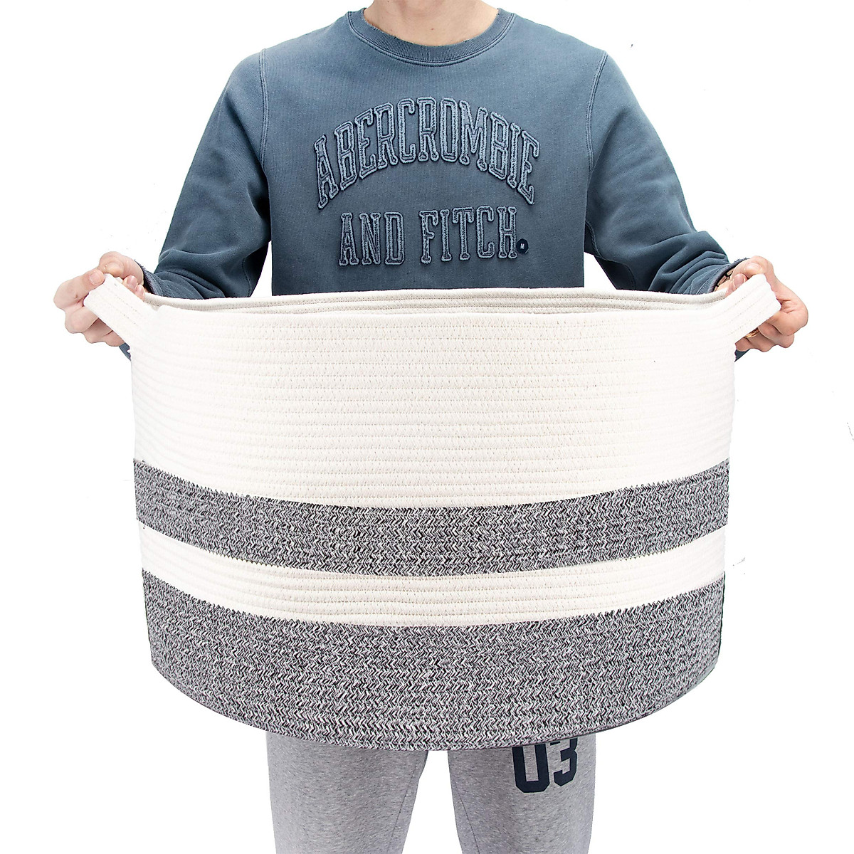 JEKOSEN Extra Large Laundry Basket 22" x 22" x 14" Cotton Rope Basket Woven Storage for Toys Blankets Towels Cushions with handle Living Room Laundry Hamper Grey