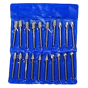 Stone Carving Set Diamond Burrs for Engraving, Grinding, Polishing Stone, Rocks, Jewelry, Glass, Ceramics, Nails Compatible with Dremel Rotary Tools 1/8 inch Shank 20 Pieces Set
