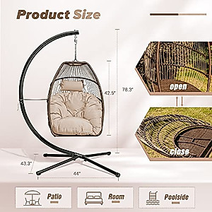 Devoko Egg Chair Indoor Outdoor Hanging Swing Chair Wicker Rattan Patio Hammock Chair with Stand Soft Cushion for Bedroom Garden Backyard (Tan)