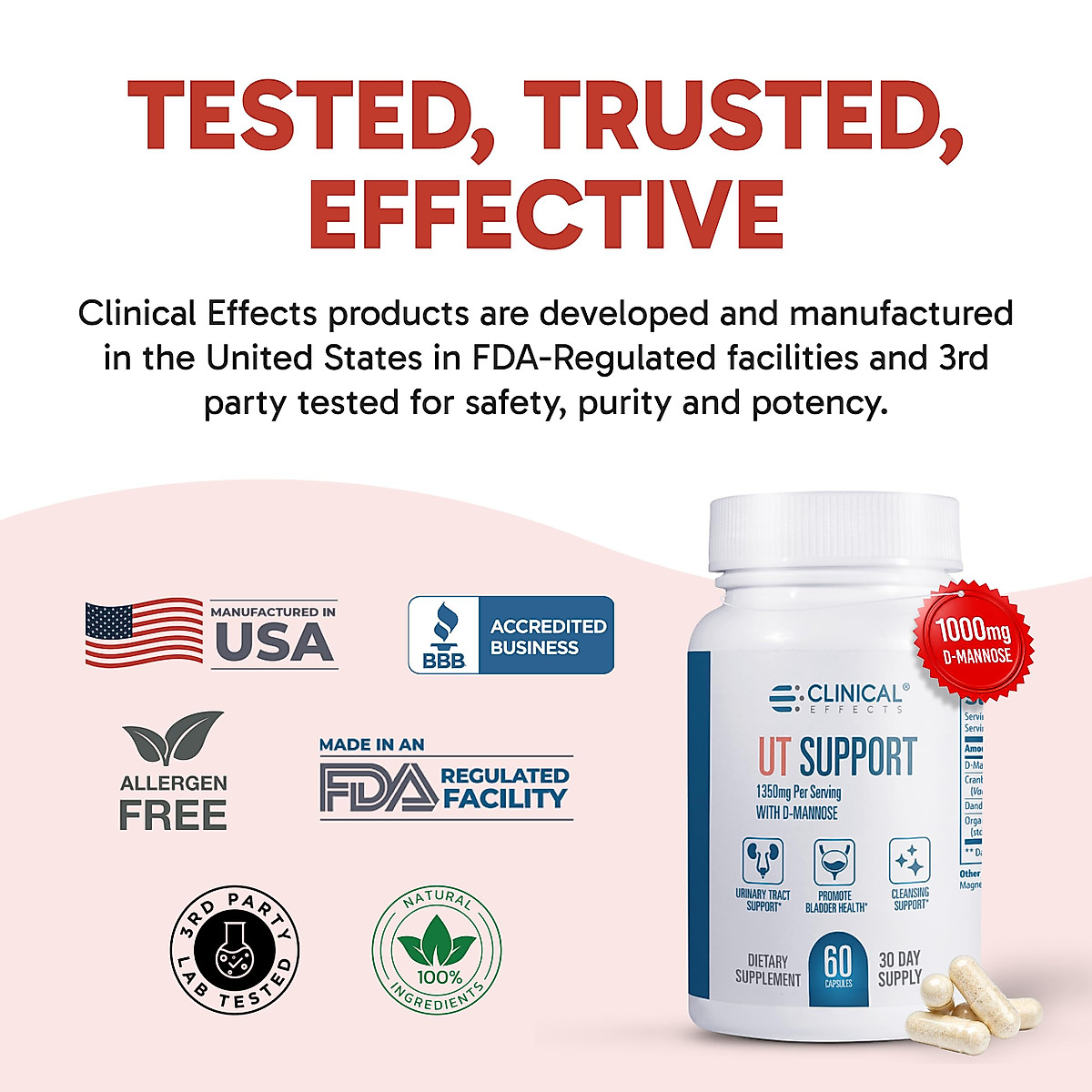Clinical Effects UT Support - Natural Cleanse and Urinary Tract Health Support - D-Mannose, Dandelion, Hibiscus and Cranberry Pills for Women - 60 D Mannose Capsules - Made in The USA