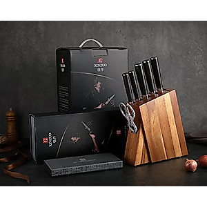 XINZUO 7PC Damascus Steel Kitchen Knife Set with Acacia Wood Block,Multifunctional Kitchen Scissors,Professional Sharp Chef Knife Forged Vegetable Knife with Pakkawood Handle- He Series