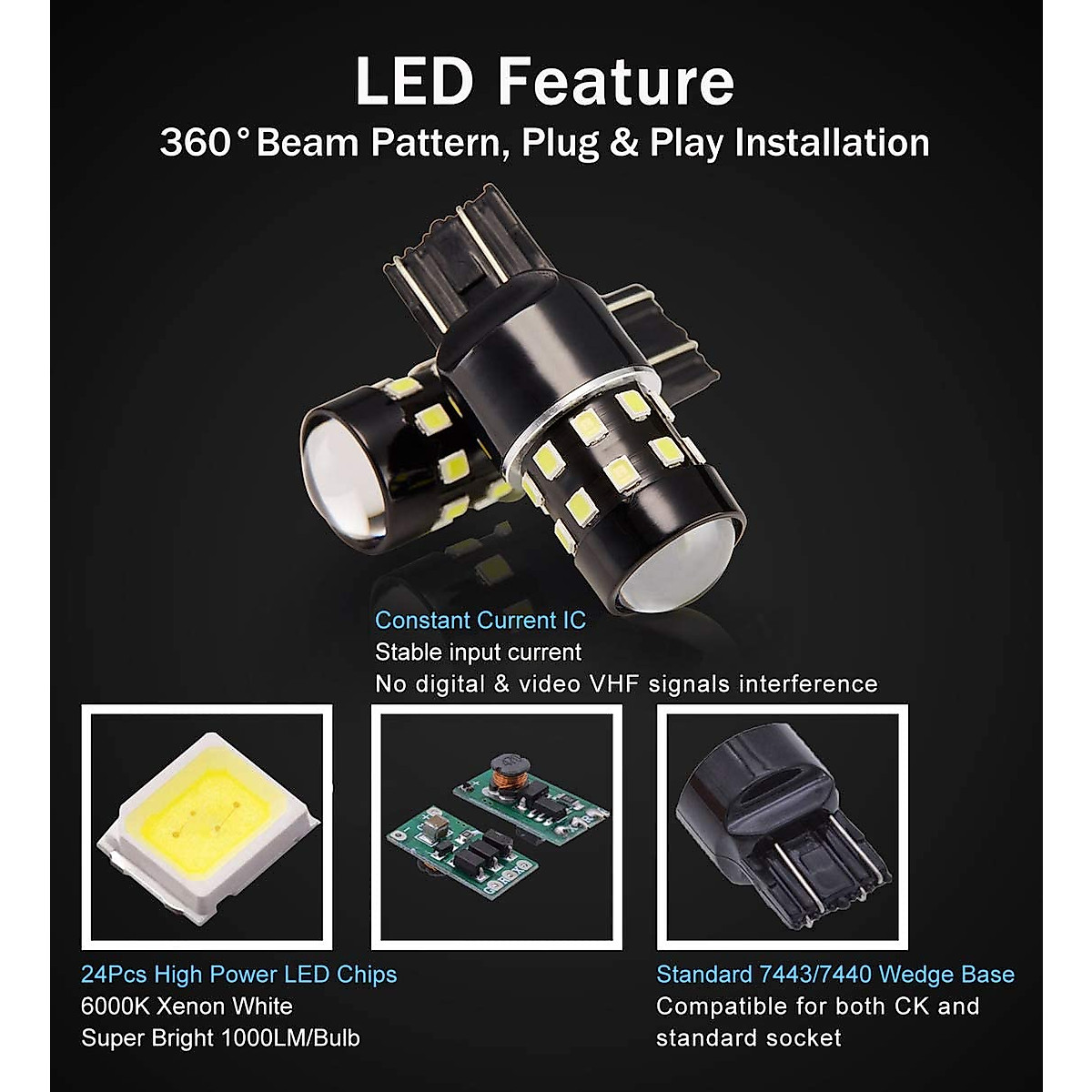 BRISHINE 4-Pack 1000 Lumens Super Bright 7440 7443 7441 7444 W21W LED Bulbs 6000K Xenon White 24-SMD LED Chipsets with Projector for Backup Reverse Lights, Parking Lights, Daytime Running Lights