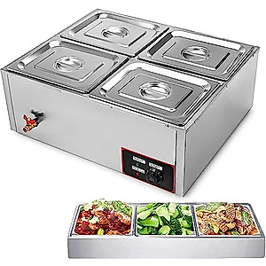 KFJZGZZ Countertop Food Warmer Stainless Steel Buffet Warmer, 4 Tray Temperature Range 30-85 °C, Electric Commercial Food Warmer Containers with Covers, Drain Tap for Catering and Restaurants