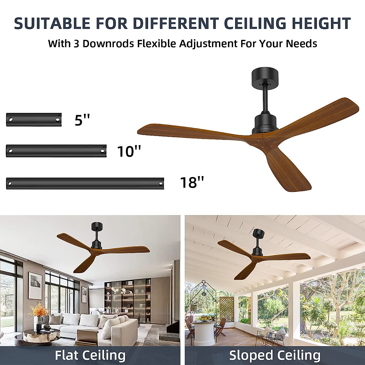 Obabala Modern Ceiling Fan No Light with Remote, Outdoor Ceiling Fan Without Light 3 blade Wood Walnut Fan for Patios/Farmhouse Reversible DC Motor, 52'', Brown