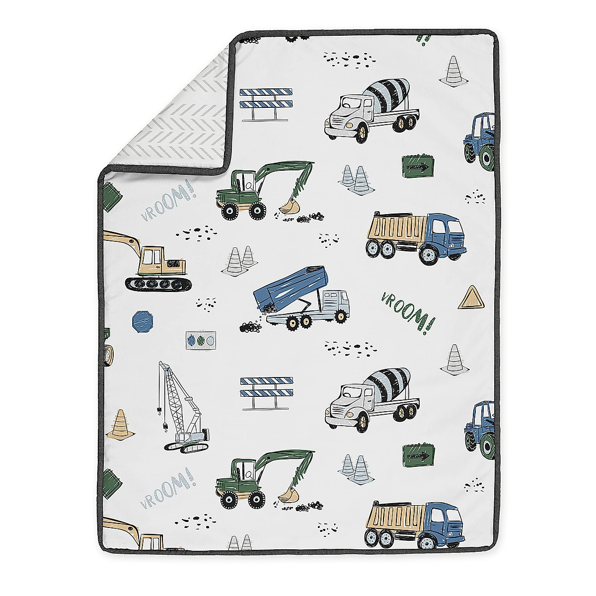 Sweet Jojo Designs Construction Truck Baby Boy Nursery Crib Bedding Set - 4 pieces - Grey Yellow Black Blue and Green Transportation Chevron Arrow