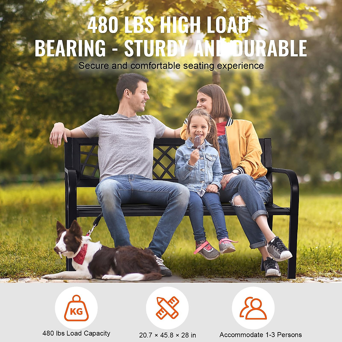 VEVOR Outdoor Bench, 480 lbs Load Capacity Bench, 46 inches Metal Garden Bench for Outdoors, Outdoor Garden Park Bench with Backrest and Armrests, Patio Bench for Garden, Park, Yard, Front Porch