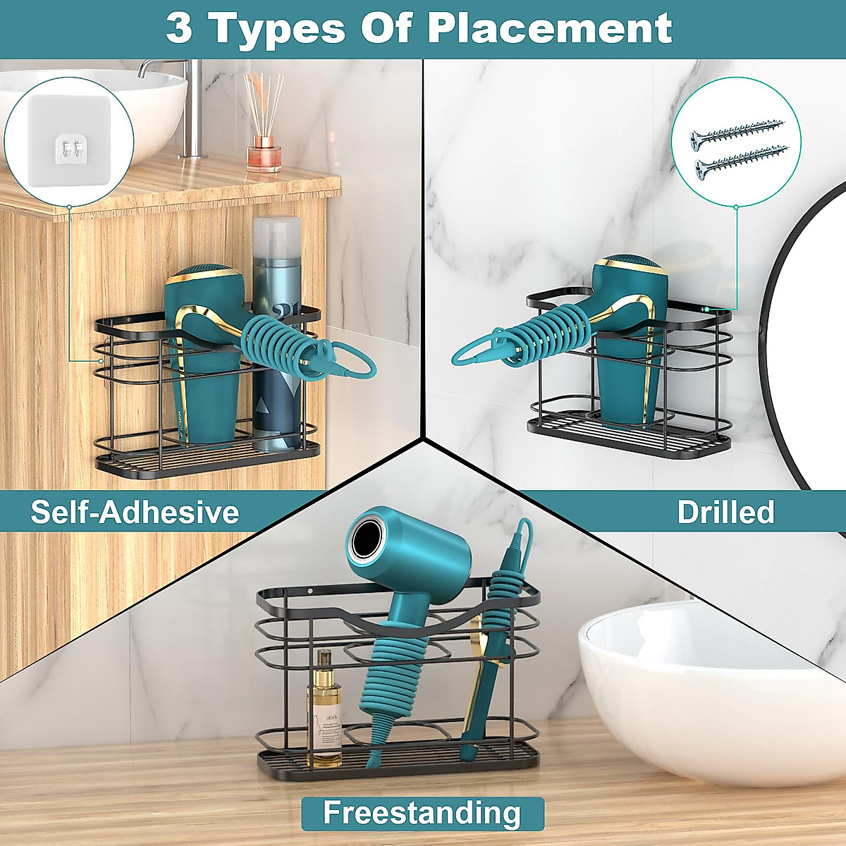 XILIMEN Hair Dryer Holder 3 in 1 Hair Tool Organizer Wall Mounted/Cabinet Door Bathroom Storage Under Sink Stainless Steel Countertop Hot Tools Basket for Blow Dryer, Curling Iron, Straightener