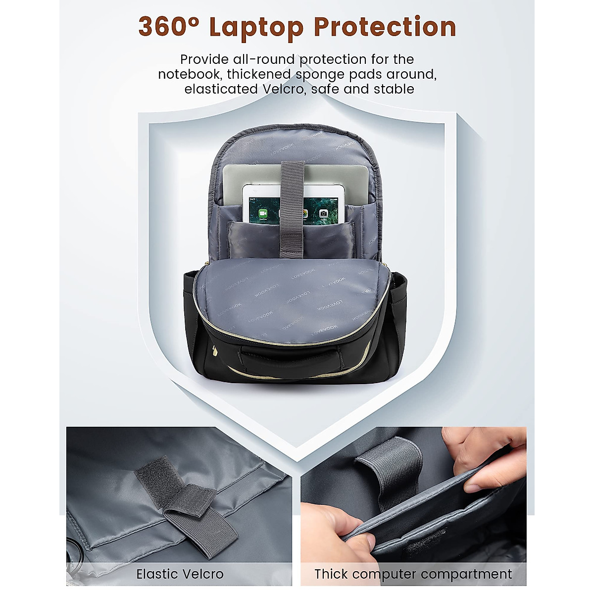 LOVEVOOK Laptop Backpack for Women, Black Business Travel Backpacks with USB Port, Water Resistant Work Teacher Computer Bag, Stylish College School Bookbag, Fits 15.6" Laptop