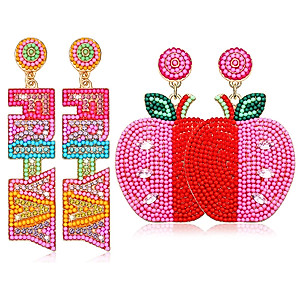 2 Pairs Teacher Earrings for Women, Beaded Fri-Yay Pencil Earrings Drop Dangle Earrings Teacher Appreciation Gifts Teacher Jewelry Gifts (FRI-YAY&Apple)