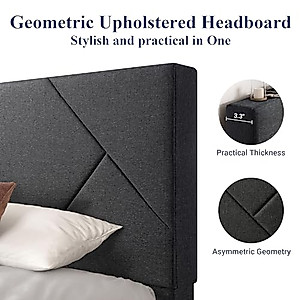 Allewie Queen Size Upholstered Bed Frame with Geometric Headboard, Heavy-Duty Platform Bed, No Box Spring Needed, Dark Grey