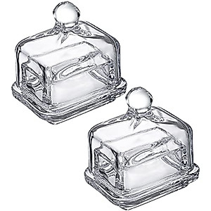 Dicunoy 2 Pack Glass Butter Dishes with Lids, Mini Butter Keeper Containers, Clear Butter Serving Storage Dish with Handle, Rectangle Crystal Small Butter Cloche for Mayo, Jelly, Jam, Candy